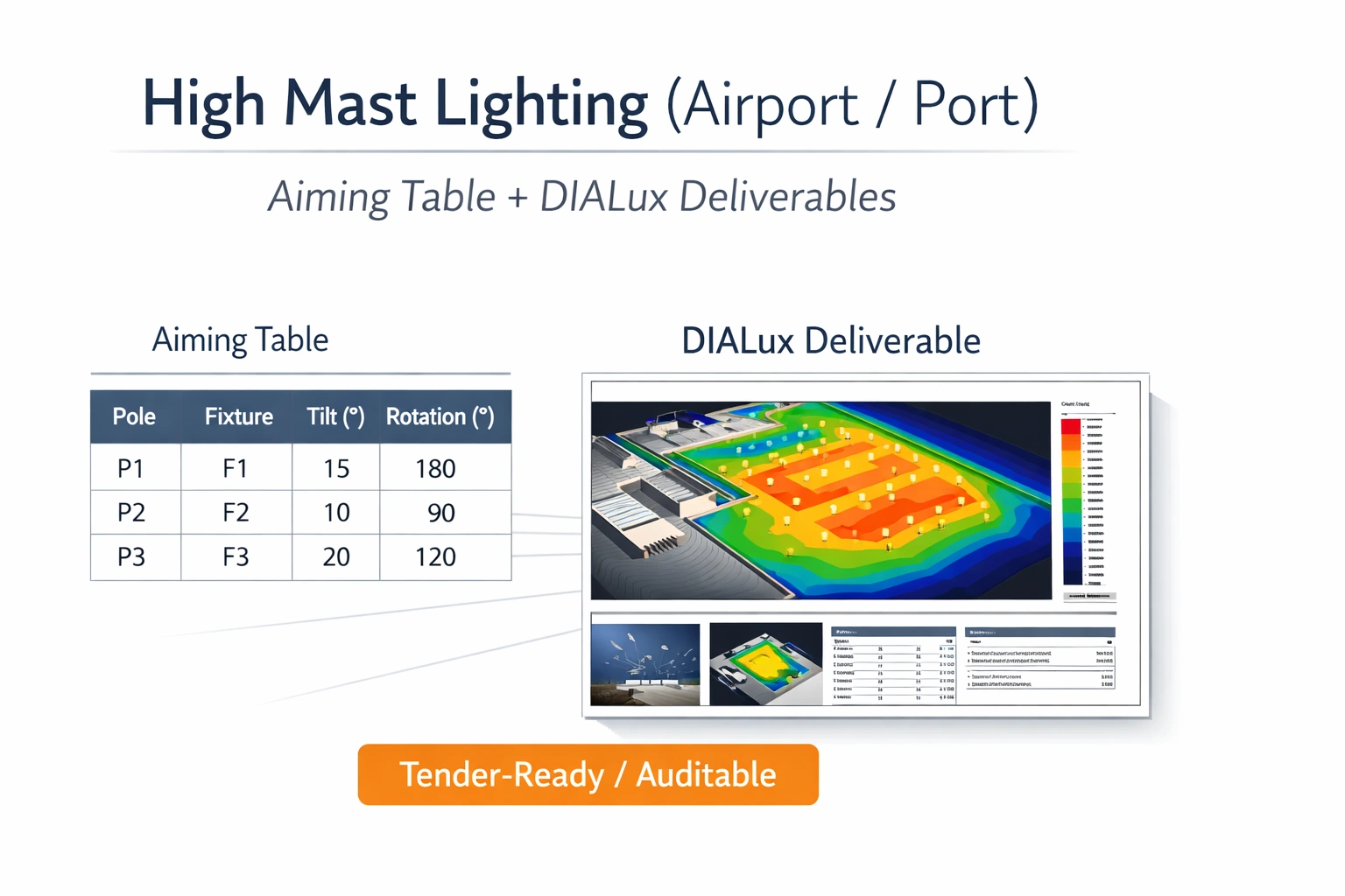 High Mast Lighting for Airport/Port: Aiming Table + DIALux Deliverables